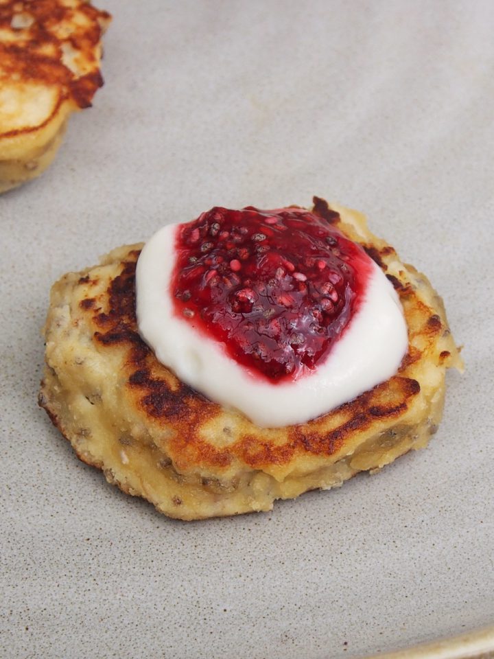 Banana, Coconut and Chia Pikelets with Yoghurt and Raspberry Chia Jam ...