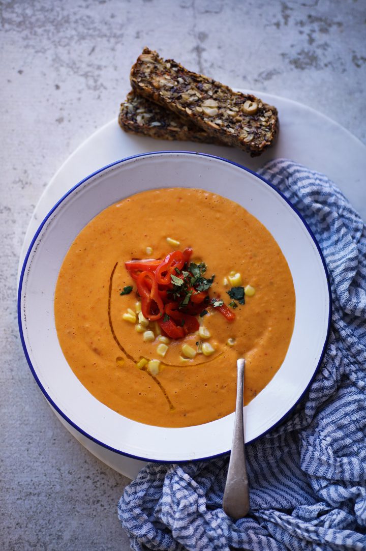 Corn, Cauliflower, Coriander and Roasted Capsicum Soup | Healthy Home Cafe